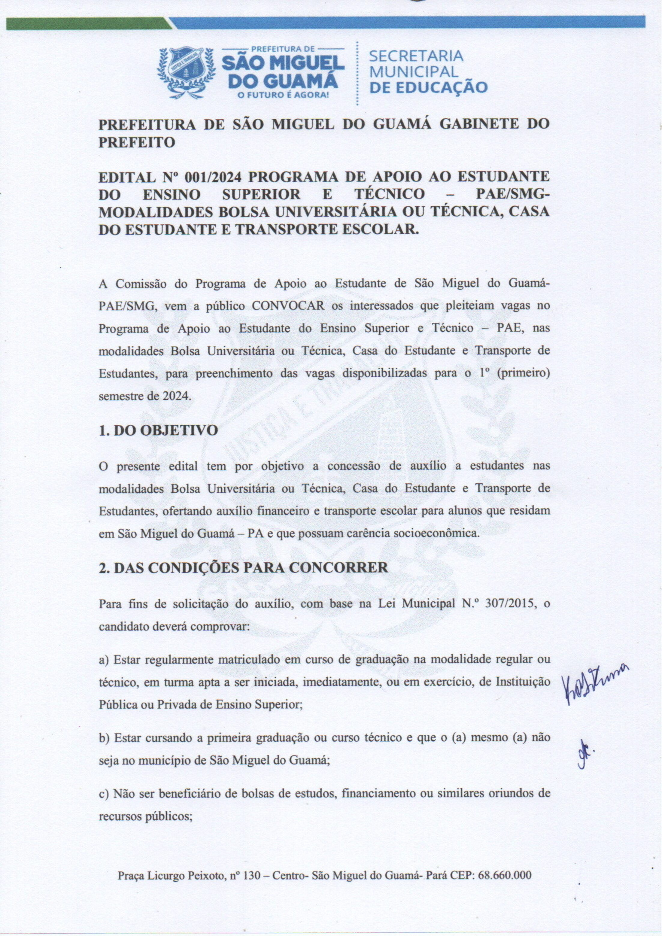 Edital 001_2024 - PAE - Prefeitura Municipal de São Miguel do Guamá | Gestão 2025-2028